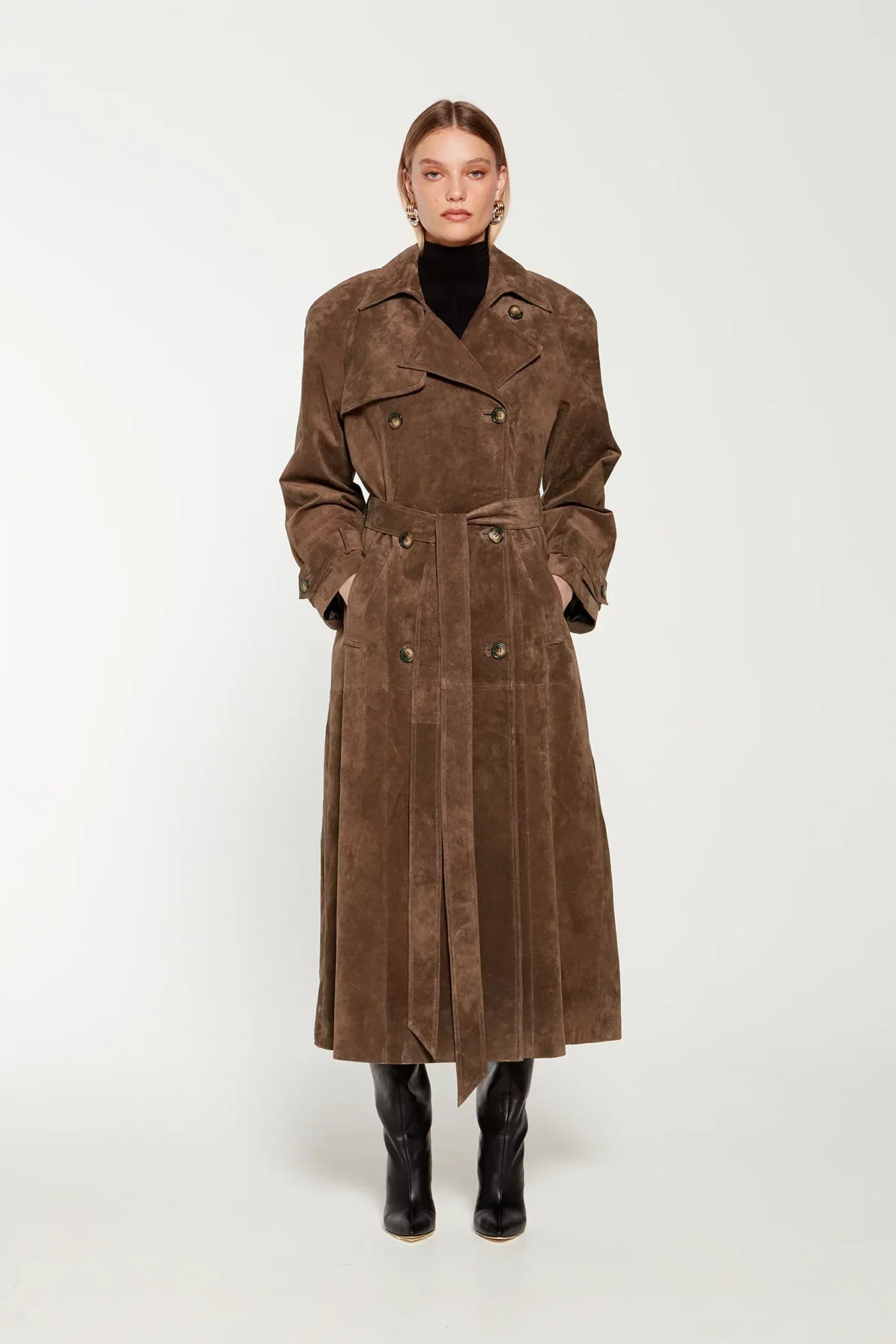 Suede Trench Coat - Brown